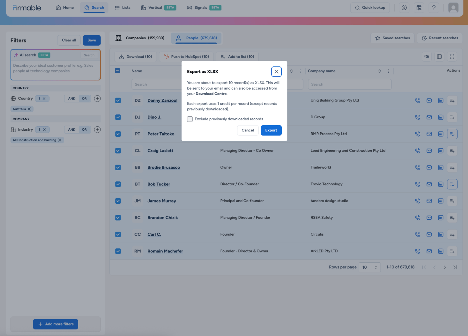 How to download data in Firmable