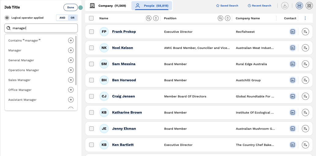 How to use company and people filters