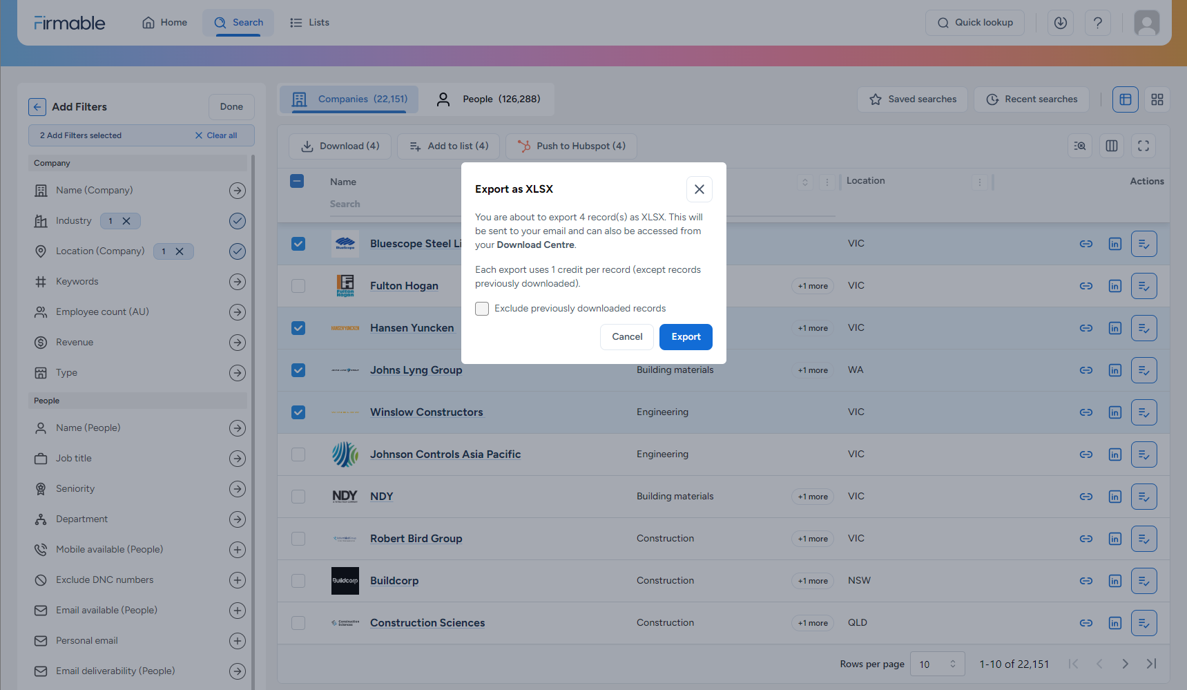 How to download data in Firmable